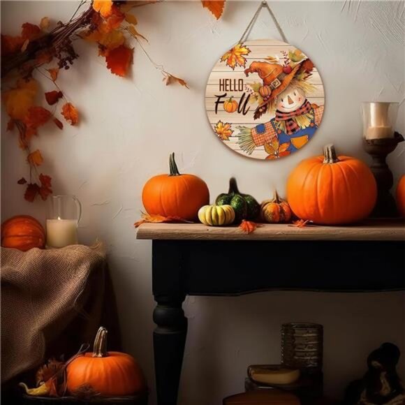Holiday | Hello Fall Autumn Scarecrow Door Sign For Porch Pumpkins ...